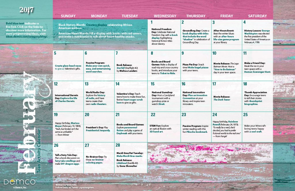 Teen Activity Calendar: February 2017
