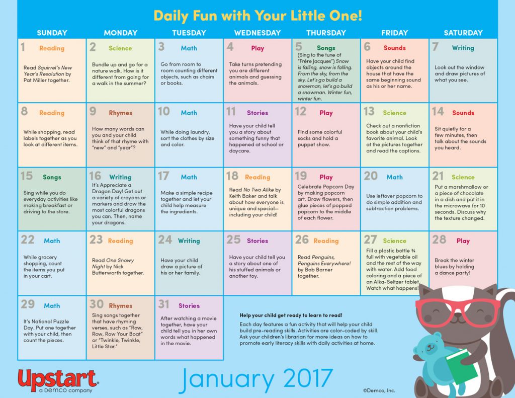 Early Literacy Activity Calendar: January 2017
