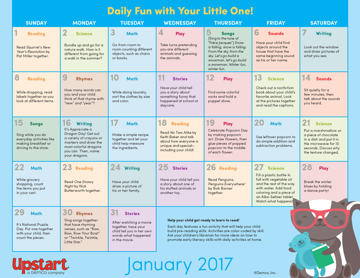 Early Literacy Activity Calendar: January 2017