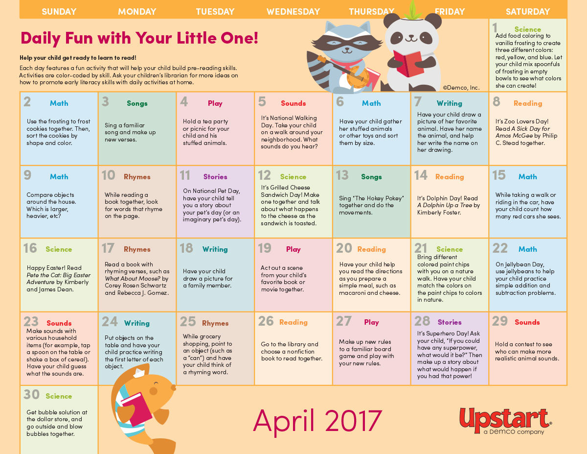 Early Literacy Activity Calendar: April 2017
