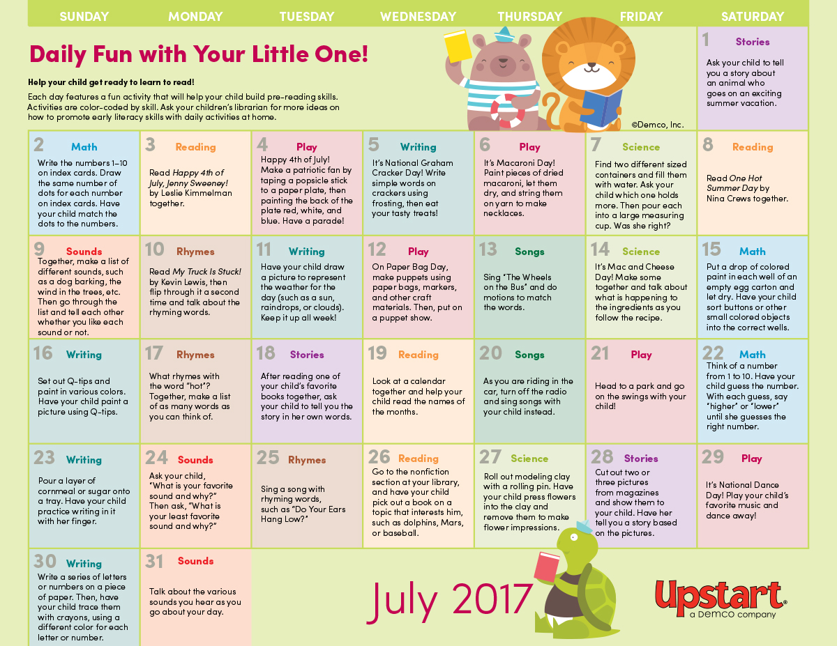 Early Literacy Activity Calendar: July 2017