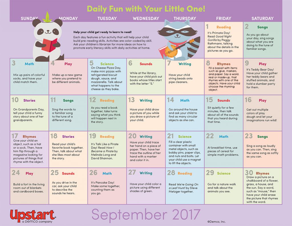 Early Literacy Activity Calendar: September 2017
