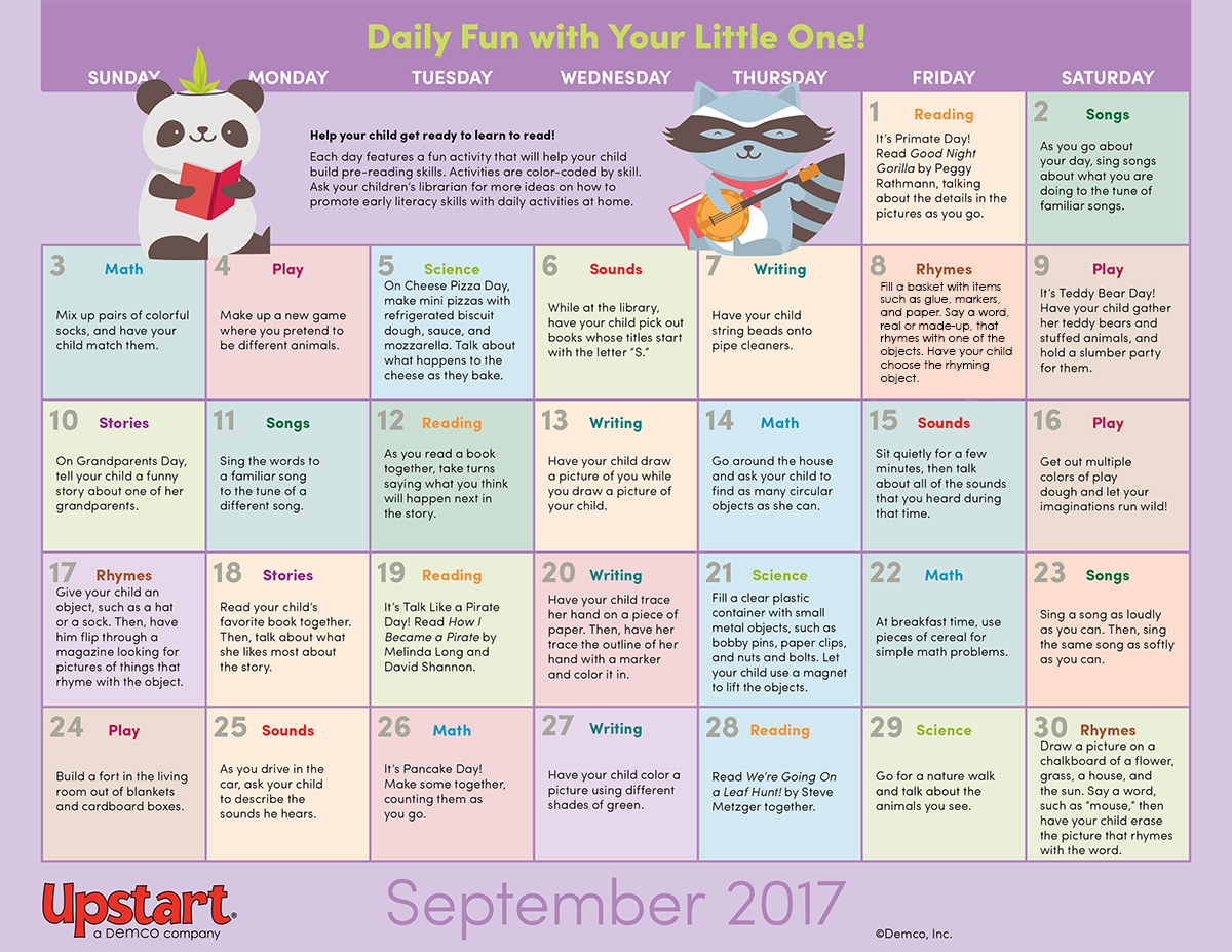 Early Literacy Activity Calendar: September 2017