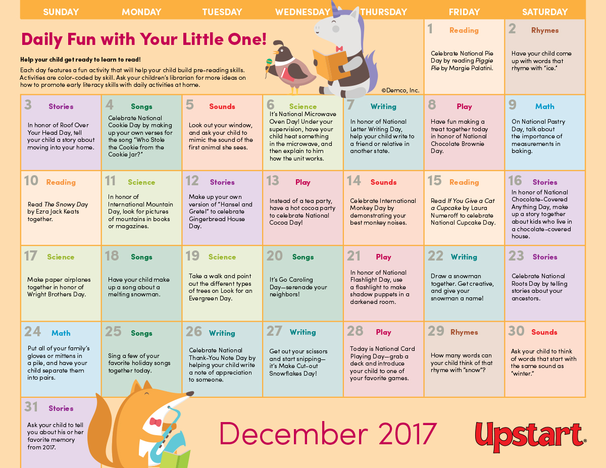 Early Literacy Activity Calendar: December 2017
