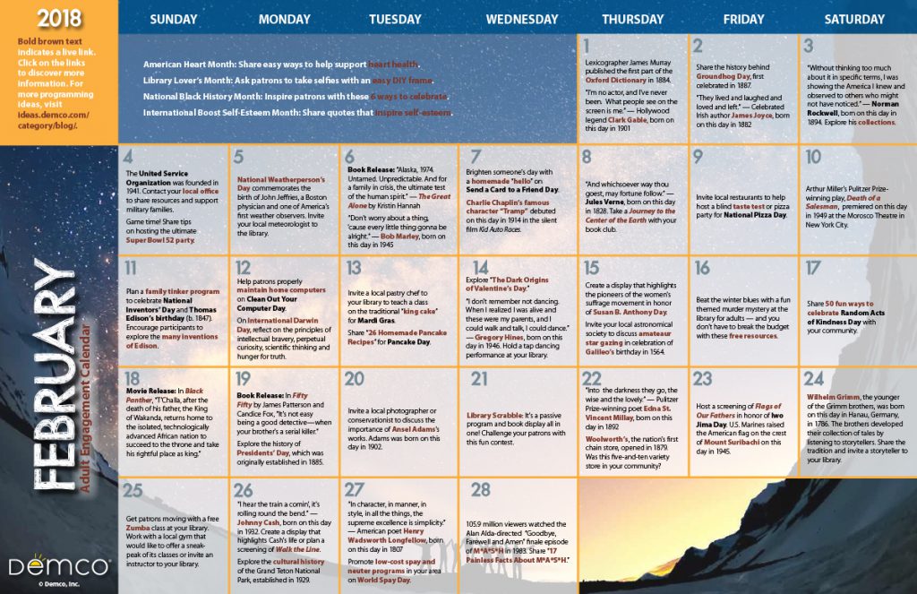 Adult Activity Calendar: February 2018