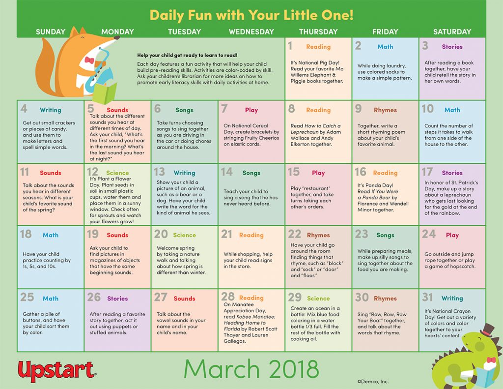 Early Literacy Activity Calendar: March 2018