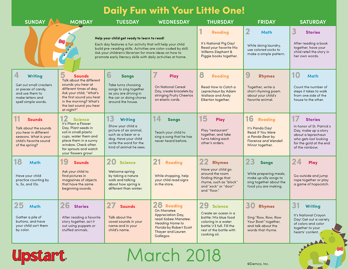 Early Literacy Activity Calendar: March 2018
