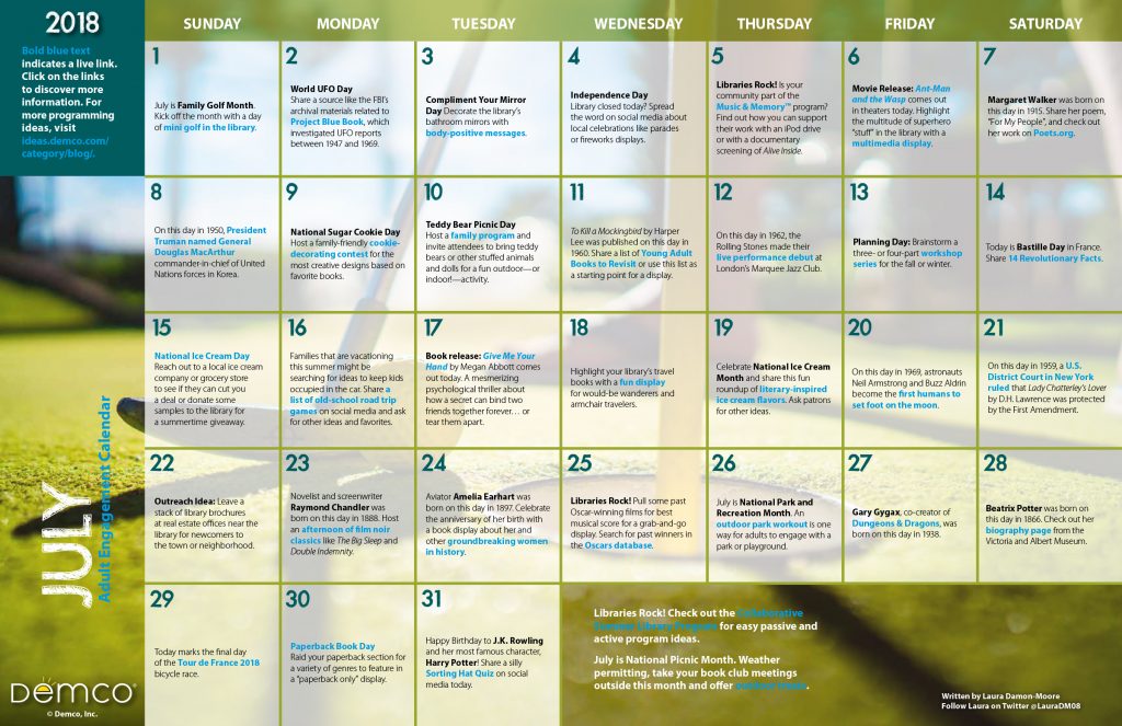 Library Activities Calendar for Adults: July 2018