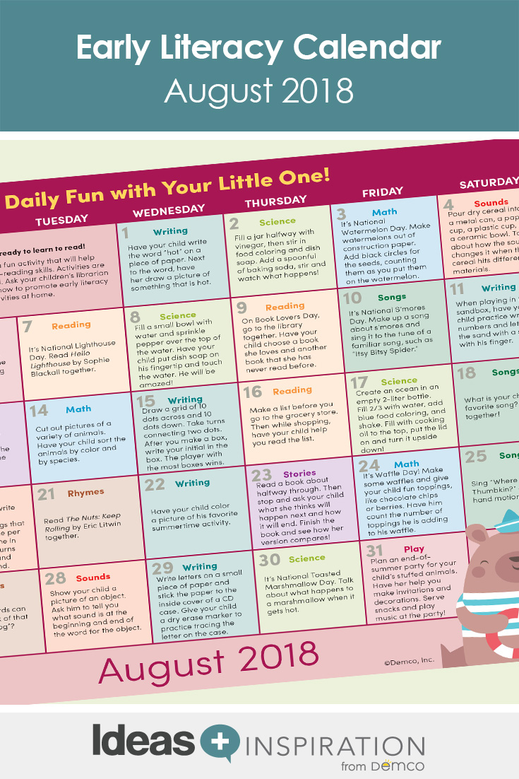 Early Literacy Activities Calendar: August 2018