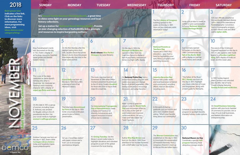 Adult Programming Ideas - November 2018 Activity Calendar