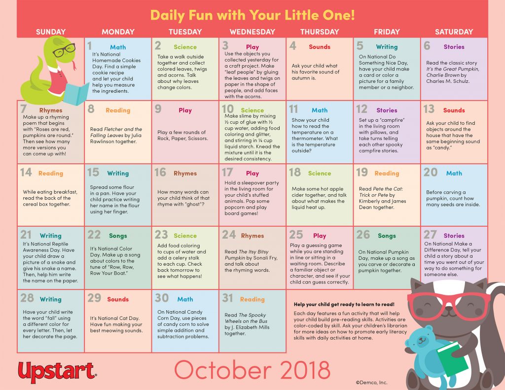 Early Literacy Activities Calendar — October 2018