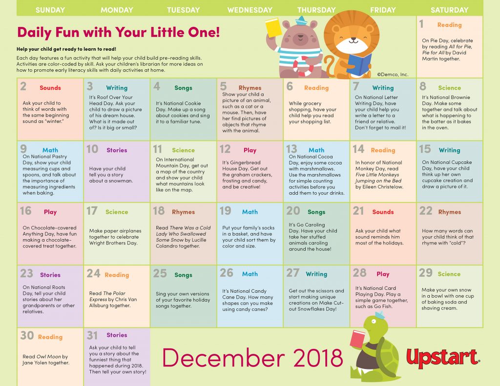 Early Literacy Activities Calendar: December 2018