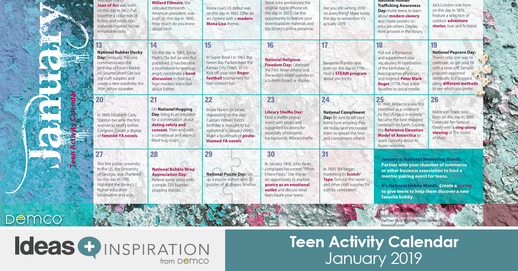 January 2019 Teen Activity Calendar: Library Program Ideas for Teens
