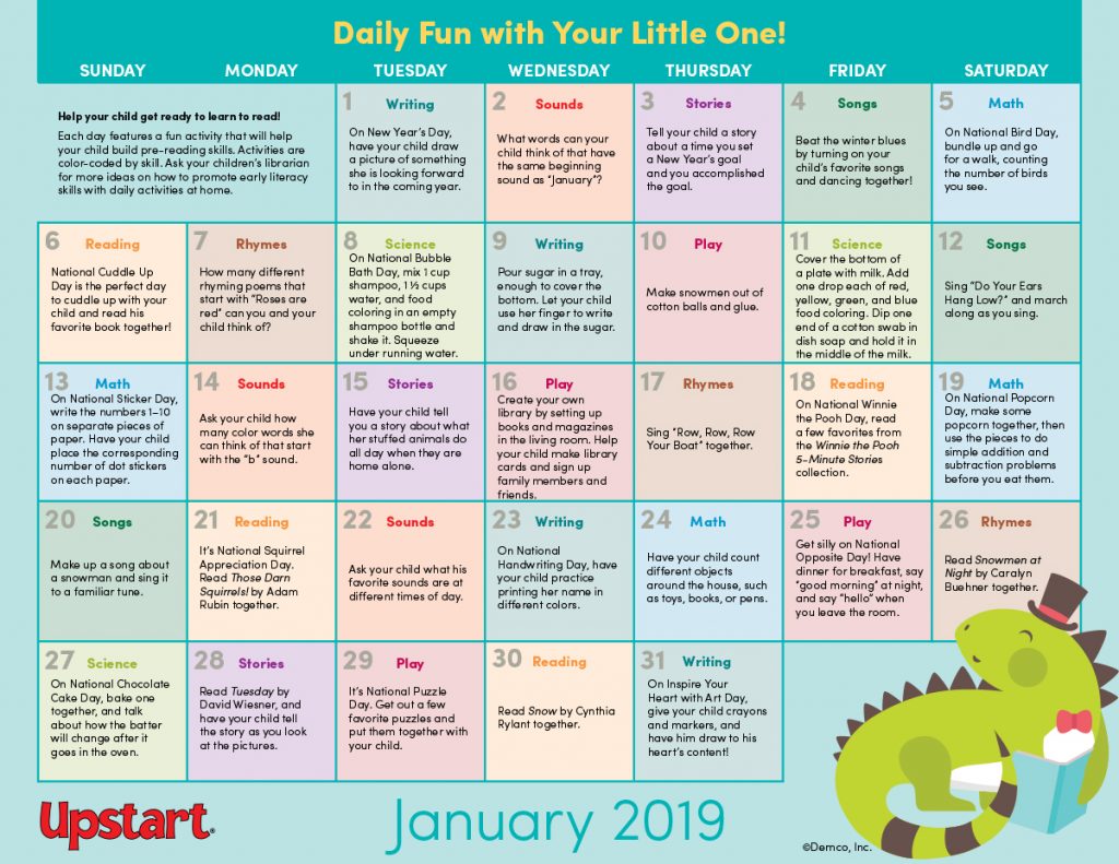 Early Literacy Activities Calendar January 2019: Crafts, Books, and more!