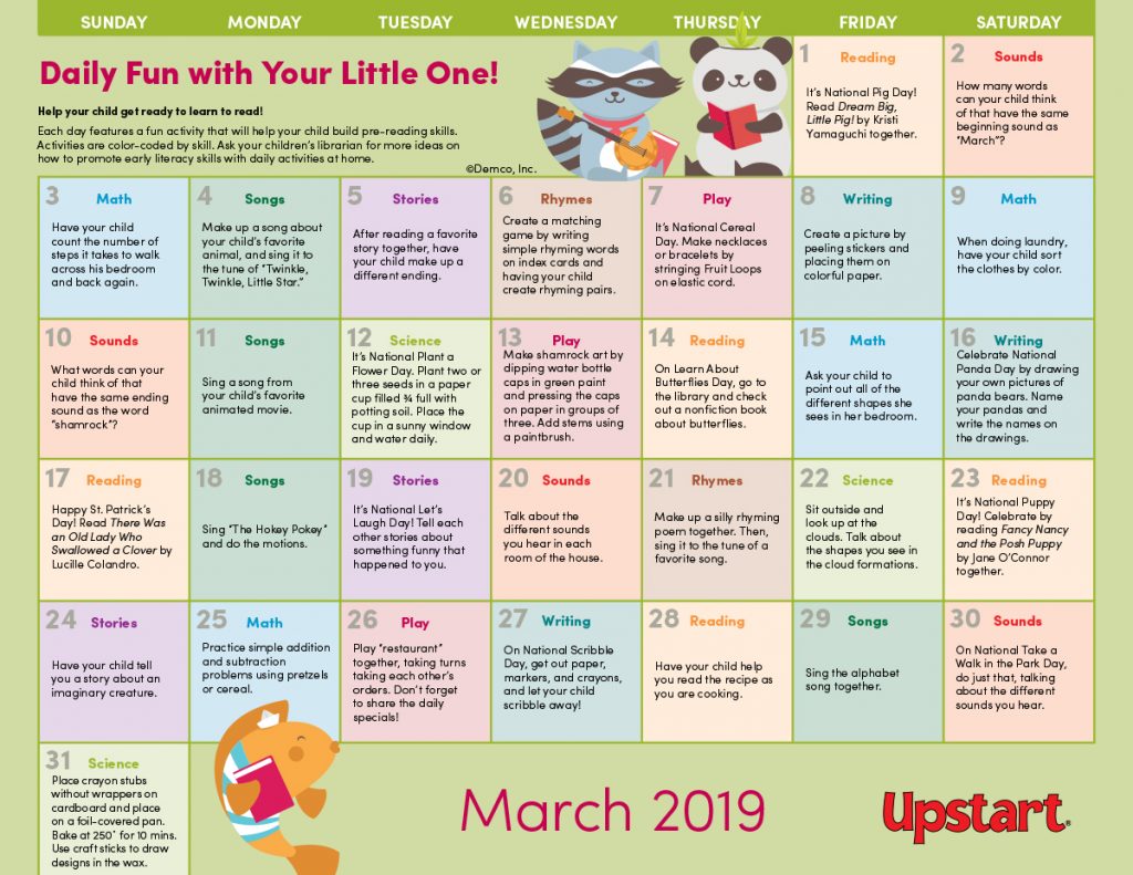 Early Literacy Activities Calendar for Your Library — March 2019