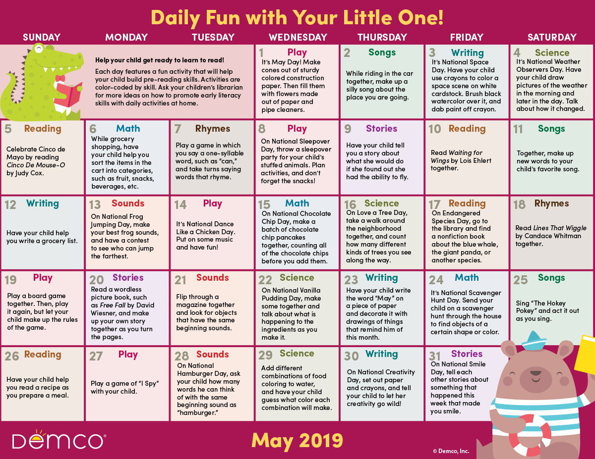 Early Literacy Activities Calendar — May 2019: Crafts, Books, and More!