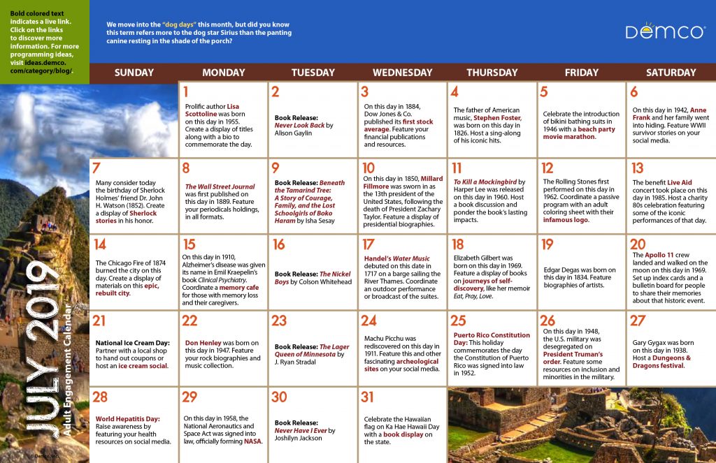 Adult Programming Calendar — July 2019: Summer Fun in Your Library