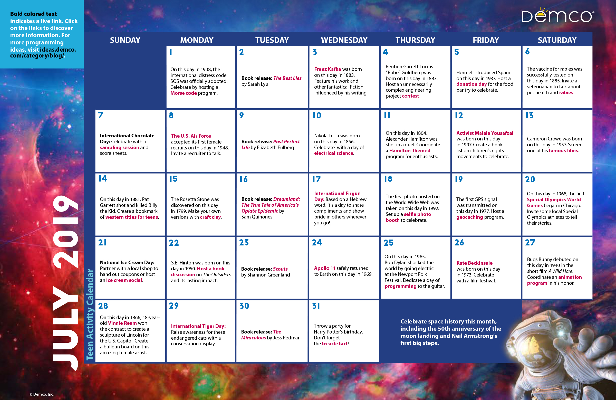 Teen Library Program Ideas Calendar — July 2019