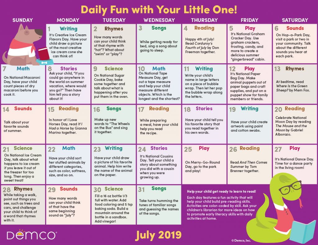 Early Literacy Activities Calendar — July 2019: Crafts, Books, and More!