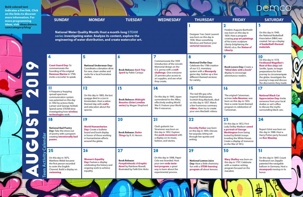 Teen Library Program Ideas Calendar — August 2019
