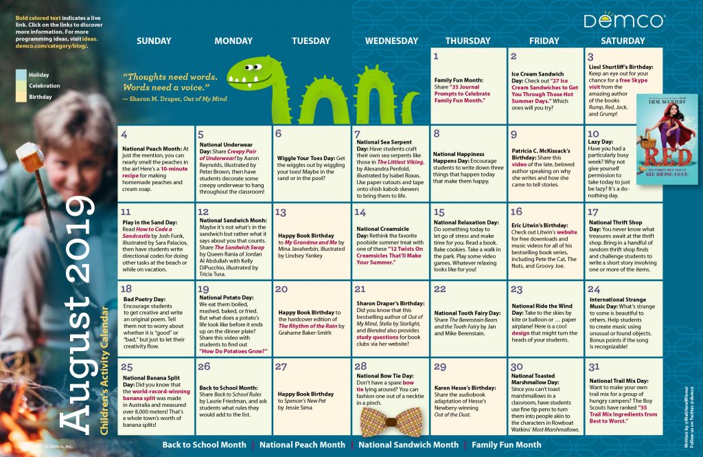 Children’s Activity Calendar for Your Library: August 2019