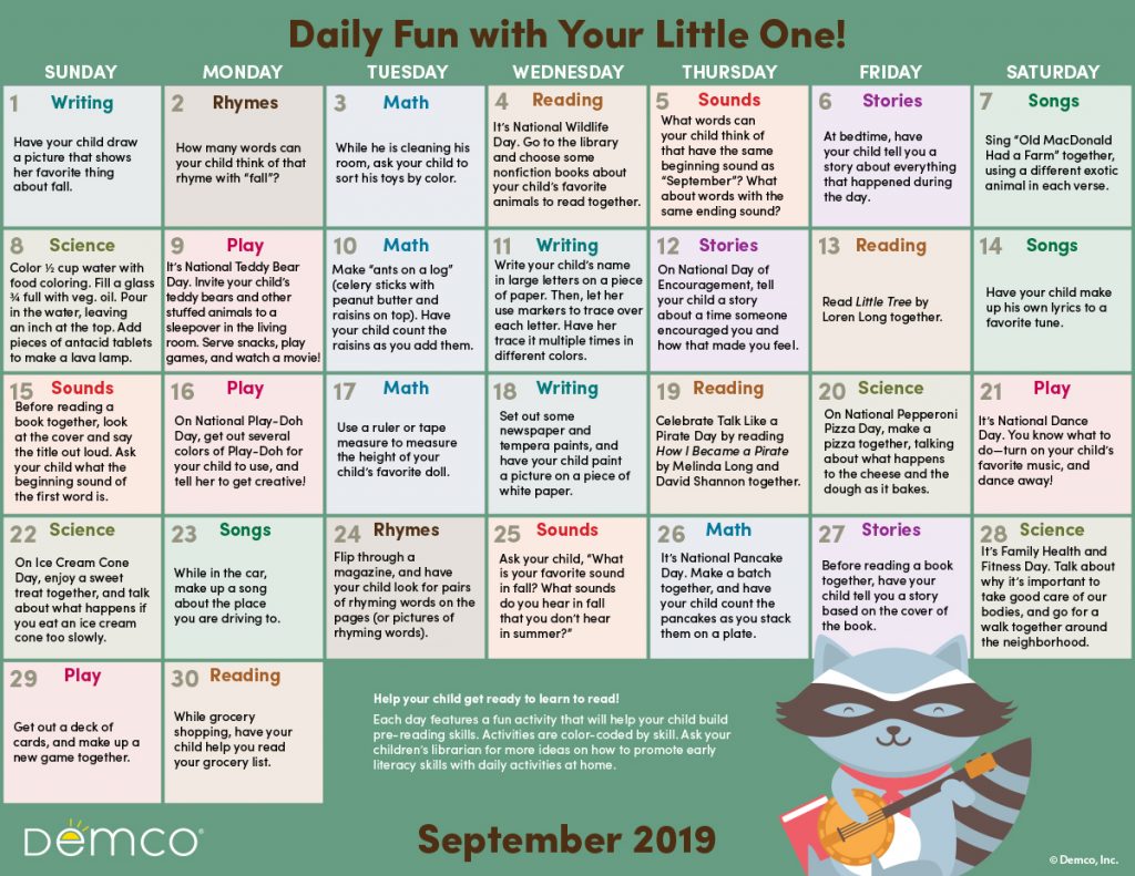 Early Literacy Activities Calendar September 2019: Crafts, Books & More