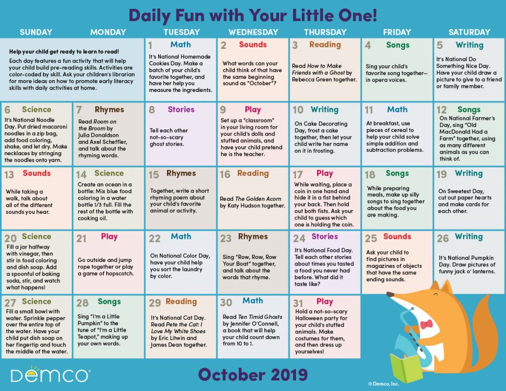 Early Literacy Activity Calendar: October 2019