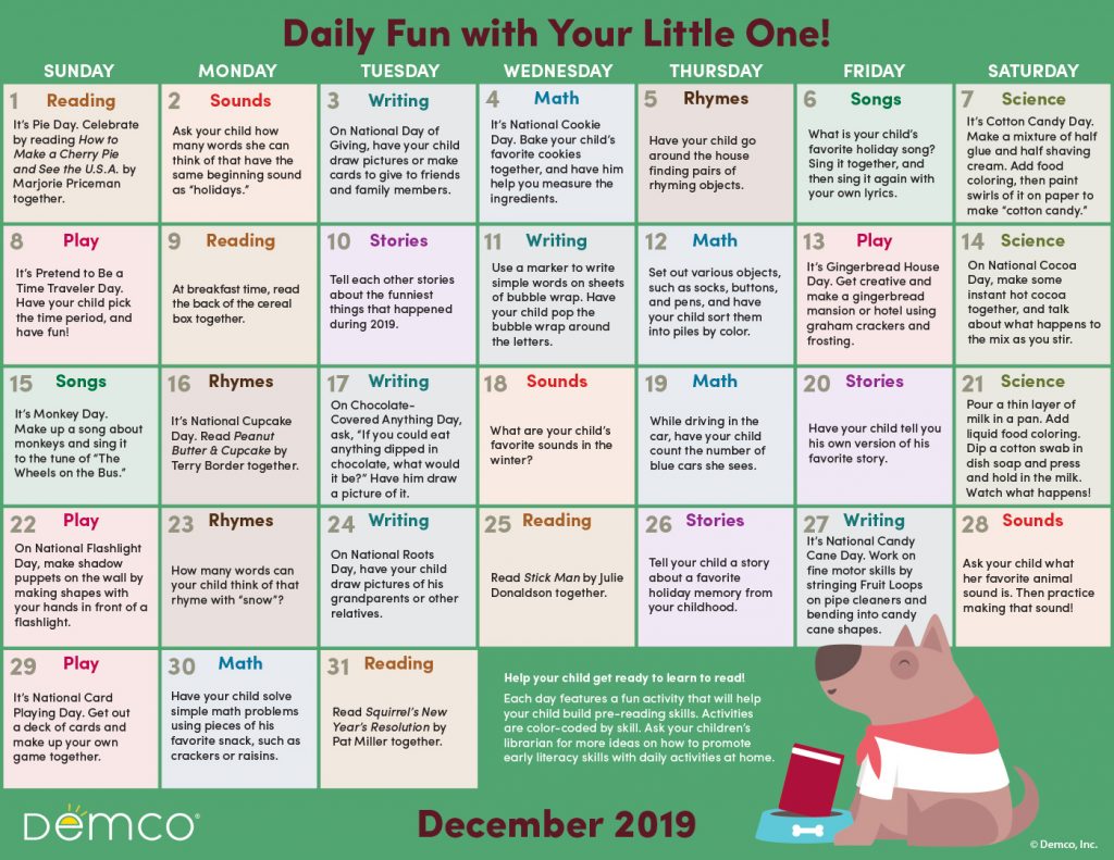 Early Literacy Activities Calendar: December 2019