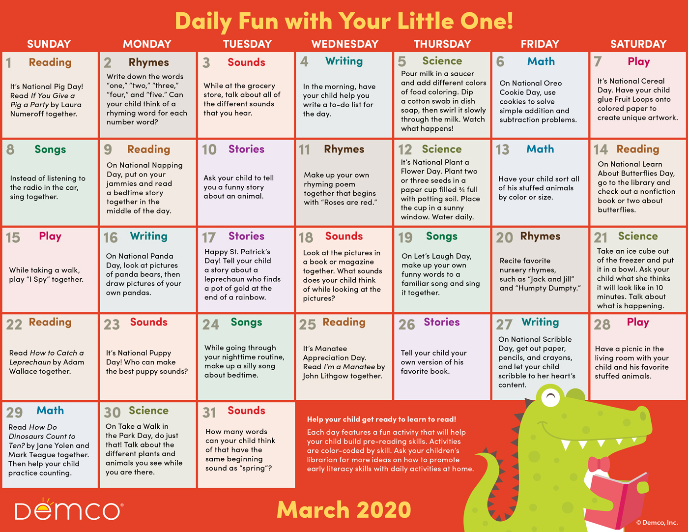 Early Literacy Activities Calendar: March 2020