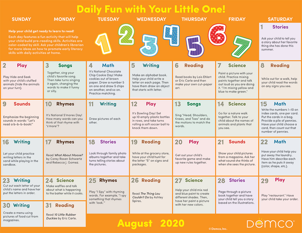 Early Literacy Activities — August 2020: Activities, Books, and More!