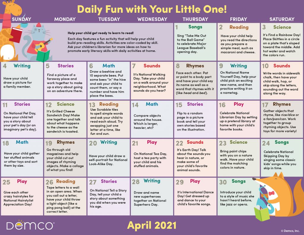 Early Literacy Activities — April 2021: Activities, Books, and More!