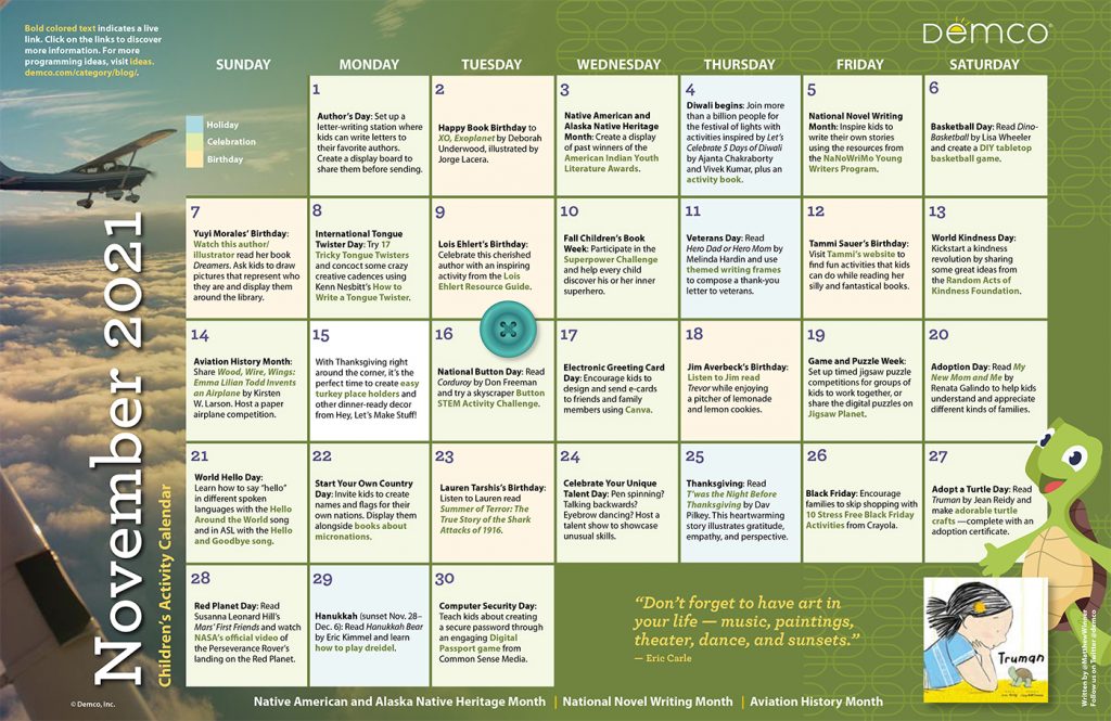 Children’s Activity Calendar: November 2021 - Demco's Ideas and Inspiration